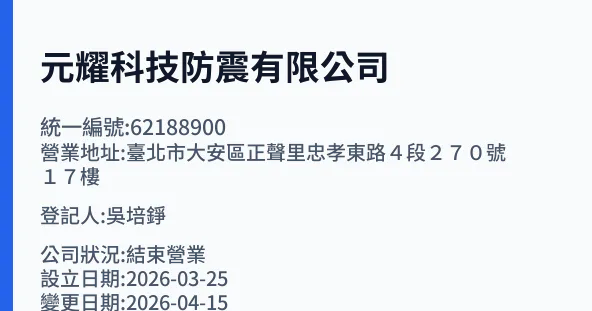 元耀科技防震有限公司的照片-統編 62188900(臺北市) 公司登記資料與營業項目詳細圖表