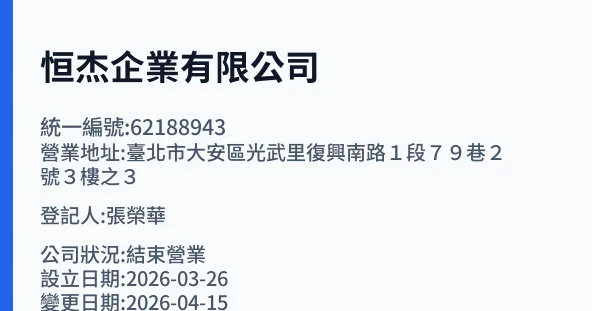 恒杰企業有限公司的照片-統編 62188943(臺北市) 公司登記資料與營業項目詳細圖表