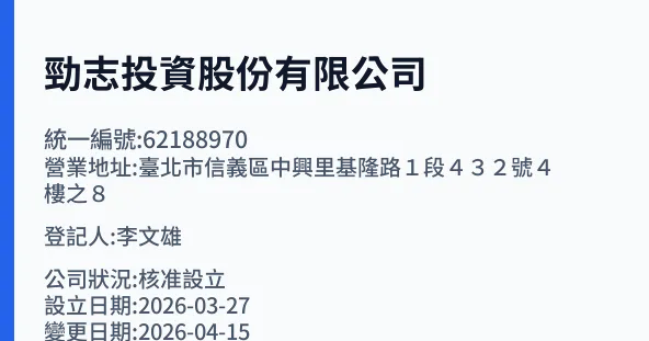 勁志投資股份有限公司的照片-統編 62188970(臺北市) 公司登記資料與營業項目詳細圖表