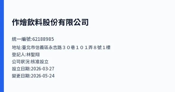 作燴飲料股份有限公司的照片-統編 62188985(臺北市) 公司登記資料與營業項目詳細圖表