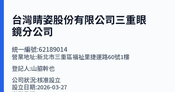 台灣睛姿股份有限公司三重眼鏡分公司的照片-統編 62189014(新北市) 公司登記資料與營業項目詳細圖表