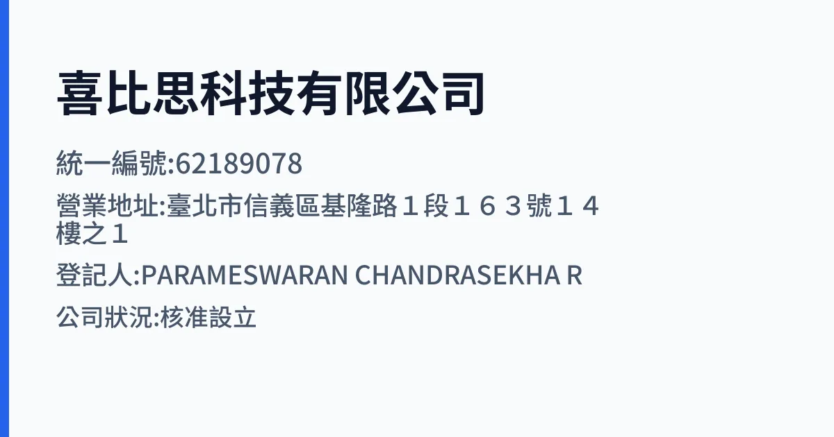 喜比思科技有限公司 - 統編 62189078(臺北市) 公司登記資料與營業項目詳細圖表