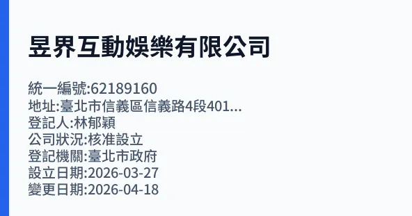 昱界互動娛樂有限公司的照片-統編 62189160(臺北市) 公司登記資料與營業項目詳細圖表