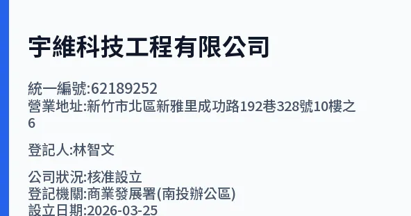 宇維科技工程有限公司的照片-統編 62189252(新竹市) 公司登記資料與營業項目詳細圖表
