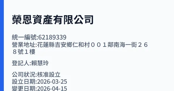 榮恩資產有限公司的照片-統編 62189339(花蓮縣) 公司登記資料與營業項目詳細圖表