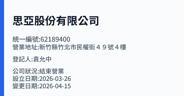 思亞股份有限公司的照片-統編 62189400(新竹縣) 公司登記資料與營業項目詳細圖表