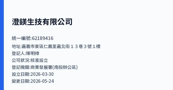 澄鎂生技有限公司的照片-統編 62189416(嘉義市) 公司登記資料與營業項目詳細圖表