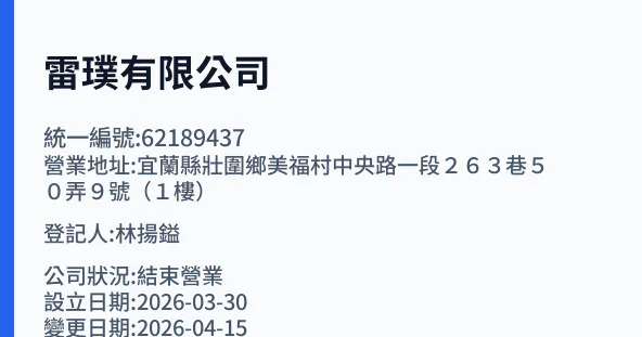 雷璞有限公司的照片-統編 62189437(宜蘭縣) 公司登記資料與營業項目詳細圖表