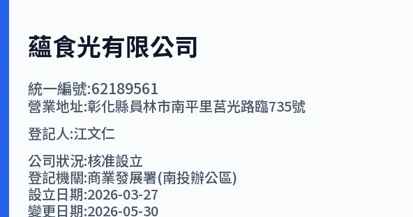 蘊食光有限公司的照片-統編 62189561(彰化縣) 公司登記資料與營業項目詳細圖表