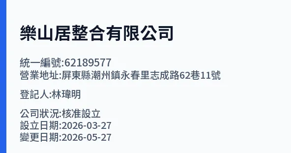 樂山居整合有限公司的照片-統編 62189577(屏東縣) 公司登記資料與營業項目詳細圖表