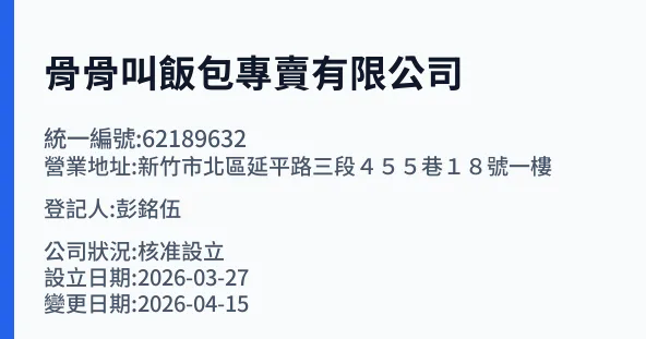 骨骨叫飯包專賣有限公司的照片-統編 62189632(新竹市) 公司登記資料與營業項目詳細圖表