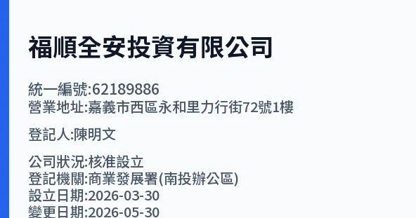 福順全安投資有限公司的照片-統編 62189886(嘉義市) 公司登記資料與營業項目詳細圖表