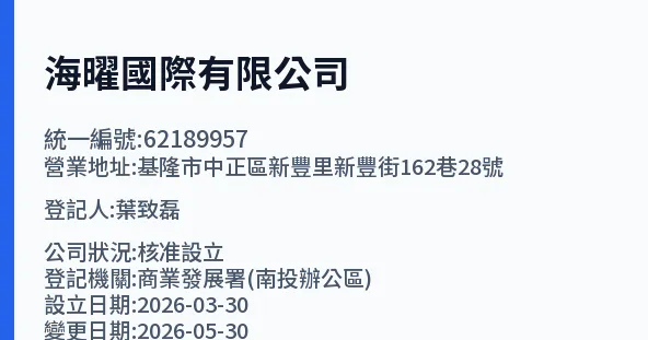 海曜國際有限公司的照片-統編 62189957(基隆市) 公司登記資料與營業項目詳細圖表