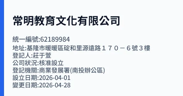 常明教育文化有限公司的照片-統編 62189984(基隆市) 公司登記資料與營業項目詳細圖表