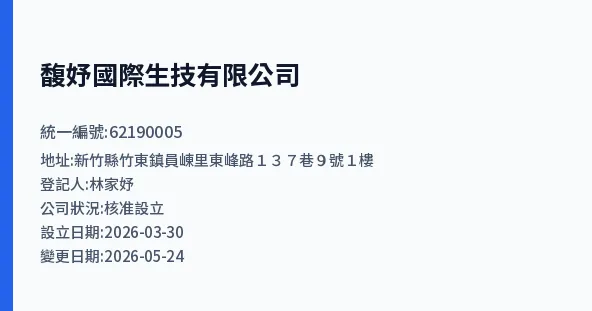馥妤國際生技有限公司的照片-統編 62190005(新竹縣) 公司登記資料與營業項目詳細圖表