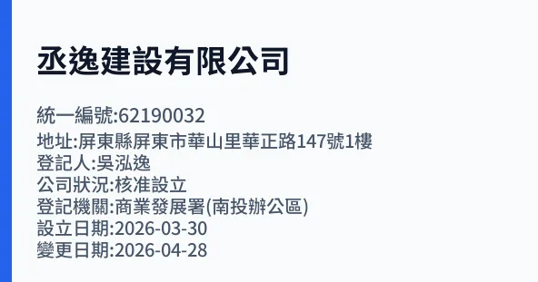 丞逸建設有限公司的照片-統編 62190032(屏東縣) 公司登記資料與營業項目詳細圖表