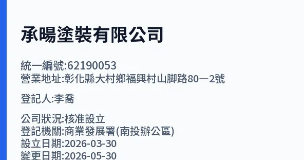 承暘塗裝有限公司的照片-統編 62190053(彰化縣) 公司登記資料與營業項目詳細圖表
