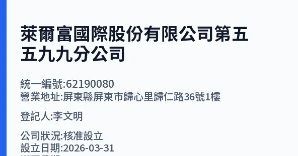 萊爾富國際股份有限公司第五五九九分公司的照片-統編 62190080(屏東縣) 公司登記資料與營業項目詳細圖表