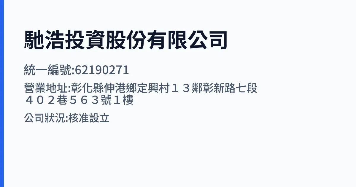 馳浩投資股份有限公司 - 統編 62190271(彰化縣) 公司登記資料與營業項目詳細圖表