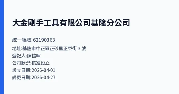大金剛手工具有限公司基隆分公司的照片-統編 62190363(基隆市) 公司登記資料與營業項目詳細圖表