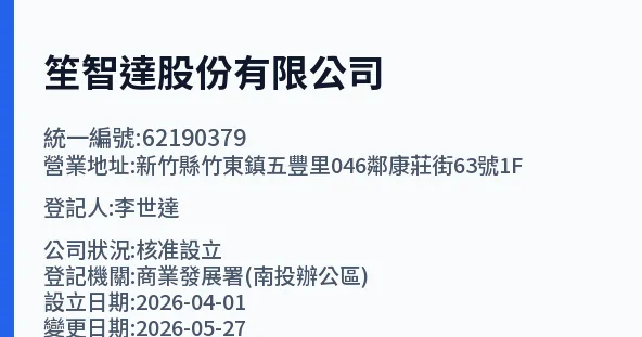 笙智達股份有限公司的照片-統編 62190379(新竹縣) 公司登記資料與營業項目詳細圖表