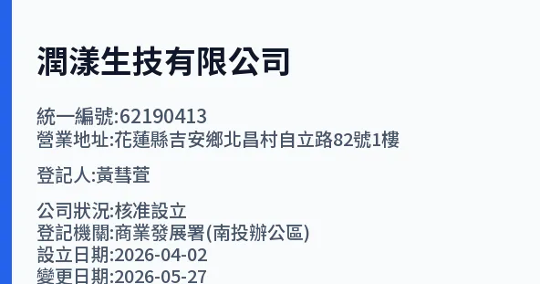 潤漾生技有限公司的照片-統編 62190413(花蓮縣) 公司登記資料與營業項目詳細圖表