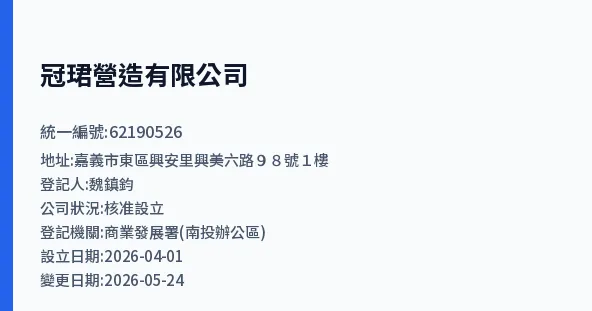 冠珺營造有限公司的照片-統編 62190526(嘉義市) 公司登記資料與營業項目詳細圖表