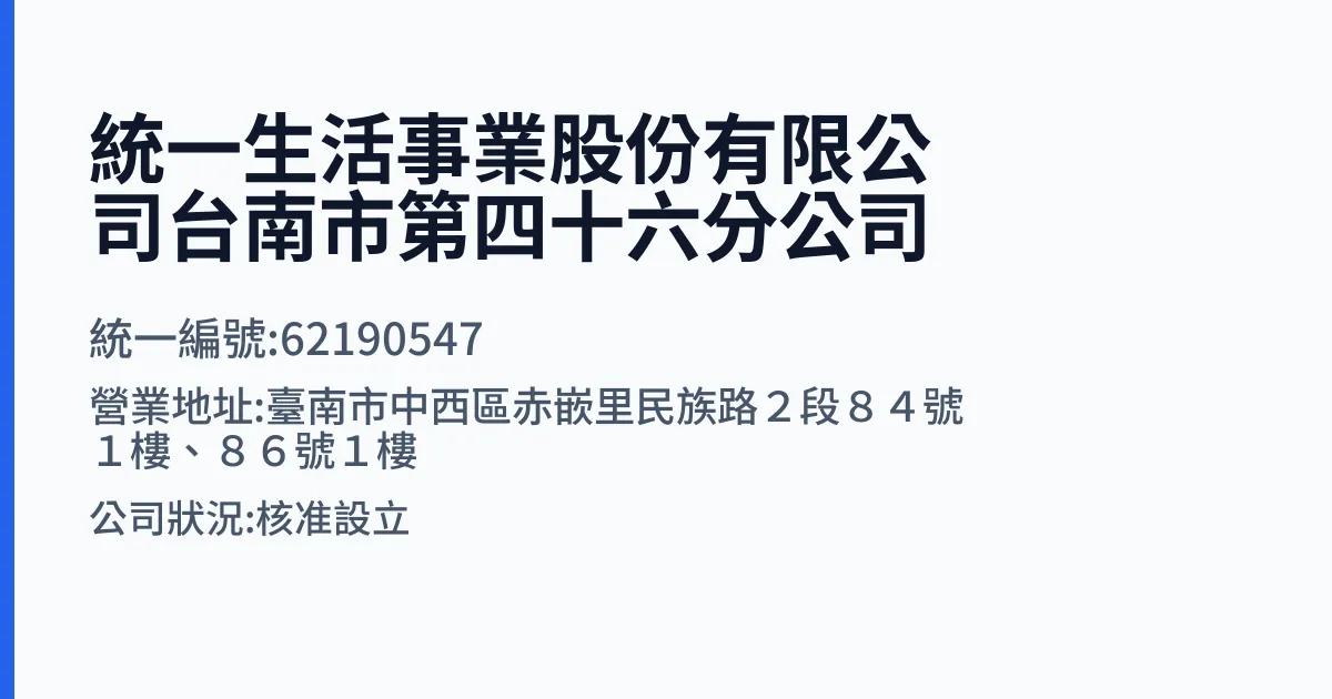統一生活事業股份有限公司台南市第四十六分公司 - 統編 62190547(臺南市) 公司登記資料與營業項目詳細圖表