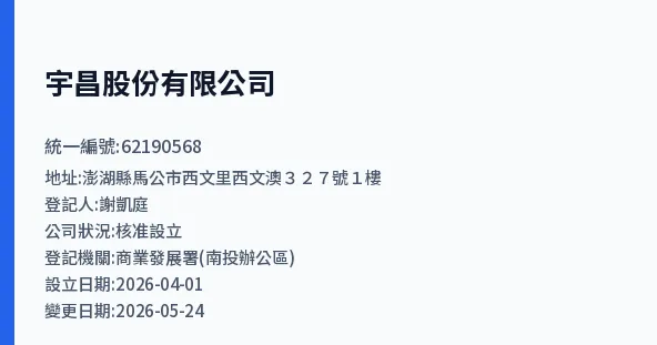 宇昌股份有限公司的照片-統編 62190568(澎湖縣) 公司登記資料與營業項目詳細圖表