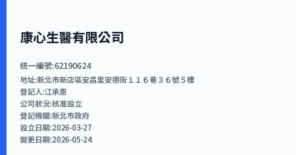 康心生醫有限公司的照片-統編 62190624(新北市) 公司登記資料與營業項目詳細圖表