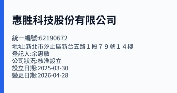 惠胜科技股份有限公司的照片-統編 62190672(新北市) 公司登記資料與營業項目詳細圖表