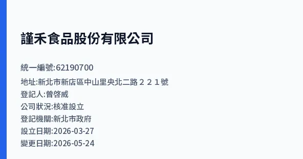 謹禾食品股份有限公司的照片-統編 62190700(新北市) 公司登記資料與營業項目詳細圖表