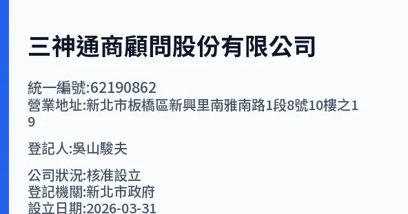 三神通商顧問股份有限公司的照片-統編 62190862(新北市) 公司登記資料與營業項目詳細圖表