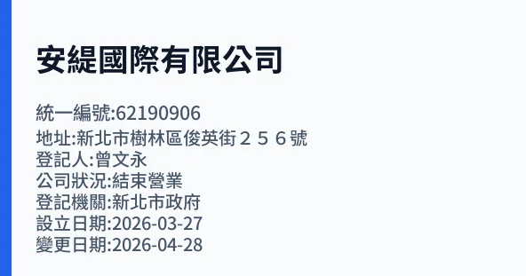 安緹國際有限公司的照片-統編 62190906(新北市) 公司登記資料與營業項目詳細圖表