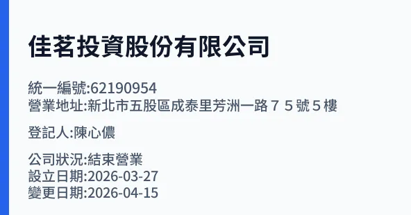 佳茗投資股份有限公司的照片-統編 62190954(新北市) 公司登記資料與營業項目詳細圖表