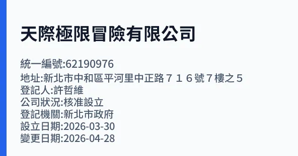 天際極限冒險有限公司的照片-統編 62190976(新北市) 公司登記資料與營業項目詳細圖表