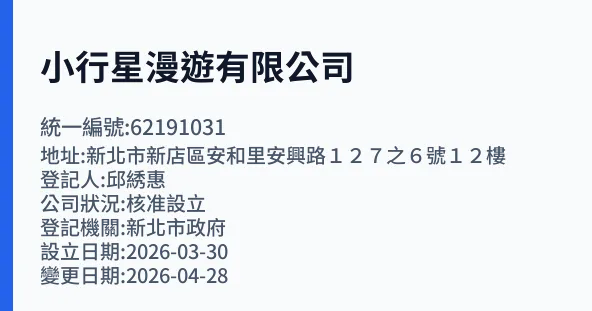 小行星漫遊有限公司的照片-統編 62191031(新北市) 公司登記資料與營業項目詳細圖表