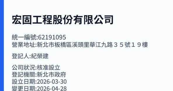 宏固工程股份有限公司的照片-統編 62191095(新北市) 公司登記資料與營業項目詳細圖表