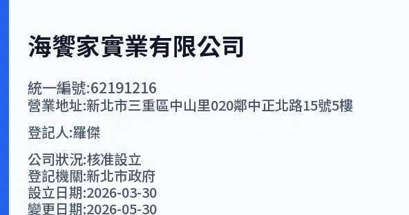 海饗家實業有限公司的照片-統編 62191216(新北市) 公司登記資料與營業項目詳細圖表