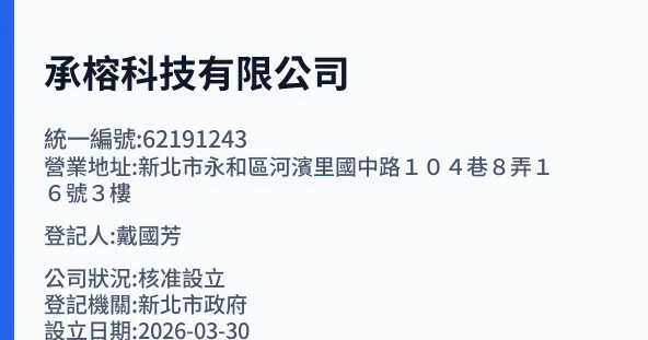承榕科技有限公司的照片-統編 62191243(新北市) 公司登記資料與營業項目詳細圖表