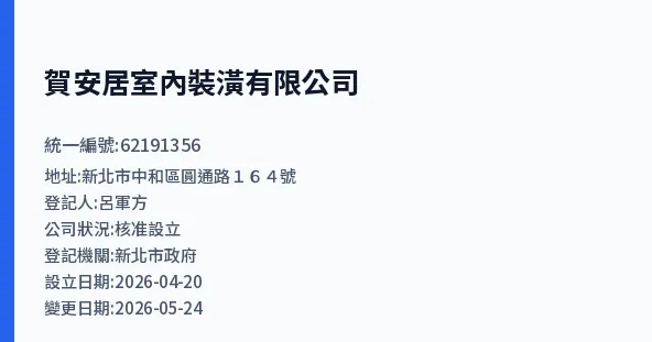 賀安居室內裝潢有限公司的照片-統編 62191356(新北市) 公司登記資料與營業項目詳細圖表
