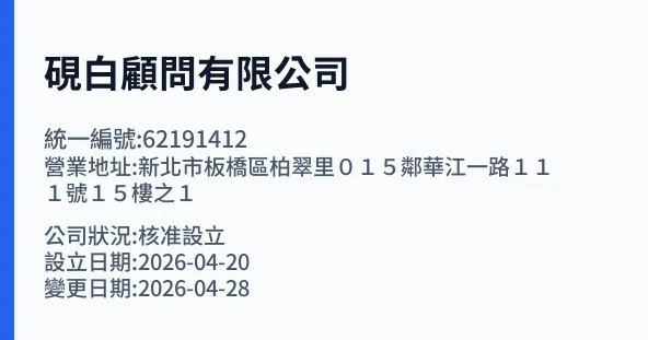 硯白顧問有限公司的照片-統編 62191412(新北市) 公司登記資料與營業項目詳細圖表