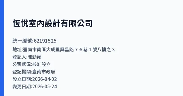 恆悅室內設計有限公司的照片-統編 62191525(臺南市) 公司登記資料與營業項目詳細圖表