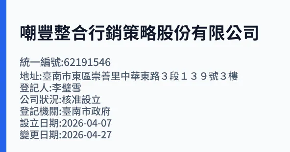嘲豐整合行銷策略股份有限公司的照片-統編 62191546(臺南市) 公司登記資料與營業項目詳細圖表