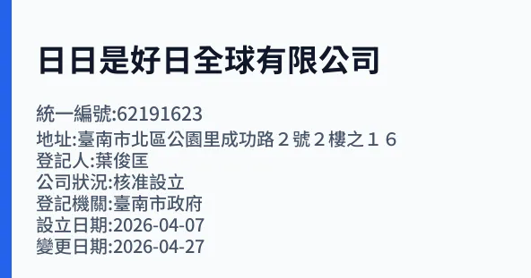 日日是好日全球有限公司的照片-統編 62191623(臺南市) 公司登記資料與營業項目詳細圖表