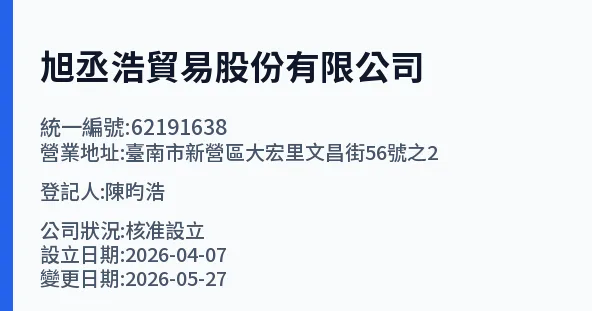旭丞浩貿易股份有限公司的照片-統編 62191638(臺南市) 公司登記資料與營業項目詳細圖表