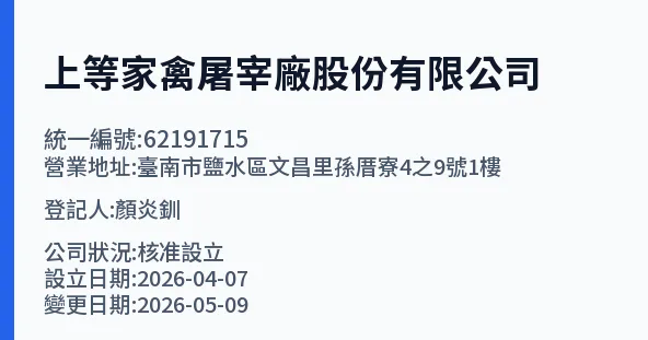 上等家禽屠宰廠股份有限公司的照片-統編 62191715(臺南市) 公司登記資料與營業項目詳細圖表