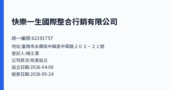 快樂一生國際整合行銷有限公司的照片-統編 62191757(臺南市) 公司登記資料與營業項目詳細圖表