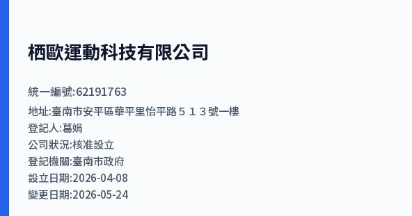 栖歐運動科技有限公司的照片-統編 62191763(臺南市) 公司登記資料與營業項目詳細圖表