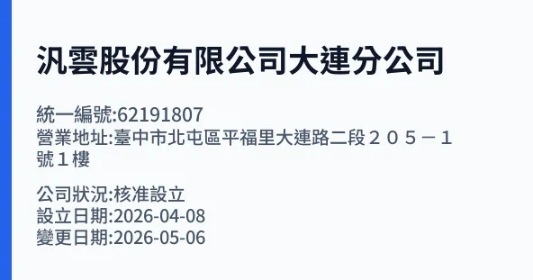 汎雲股份有限公司大連分公司的照片-統編 62191807(臺中市) 公司登記資料與營業項目詳細圖表